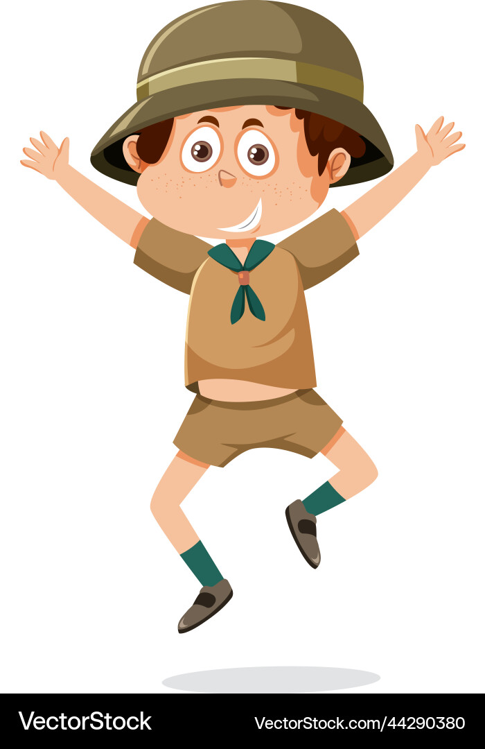 Cute boy scout cartoon character jumping Vector Image