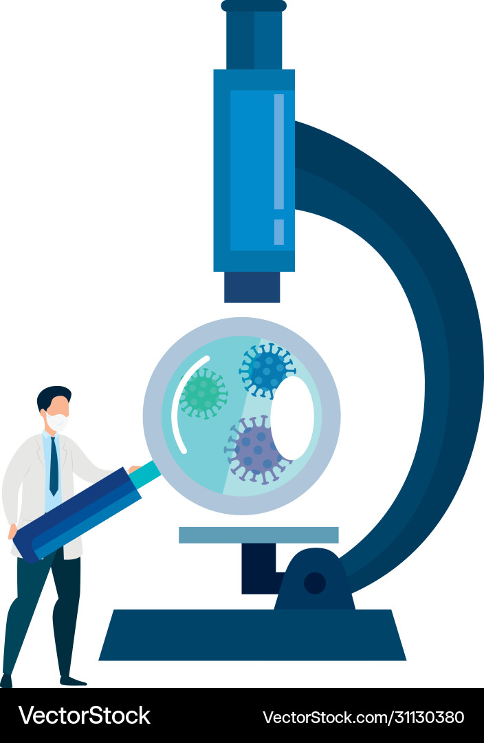 Doctor with microscope and particles covid19 19 Vector Image