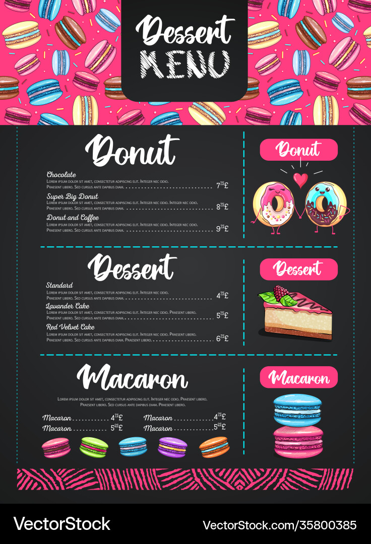 Dessert menu design with sweet macaroons and cakes