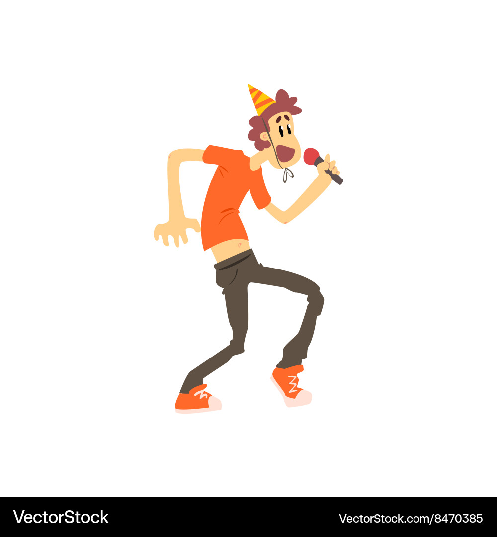 Guy in orange t-shirt singing karaoke Royalty Free Vector