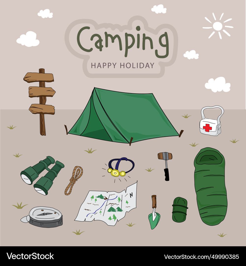 Hand drawn camping doodle style Royalty Free Vector Image