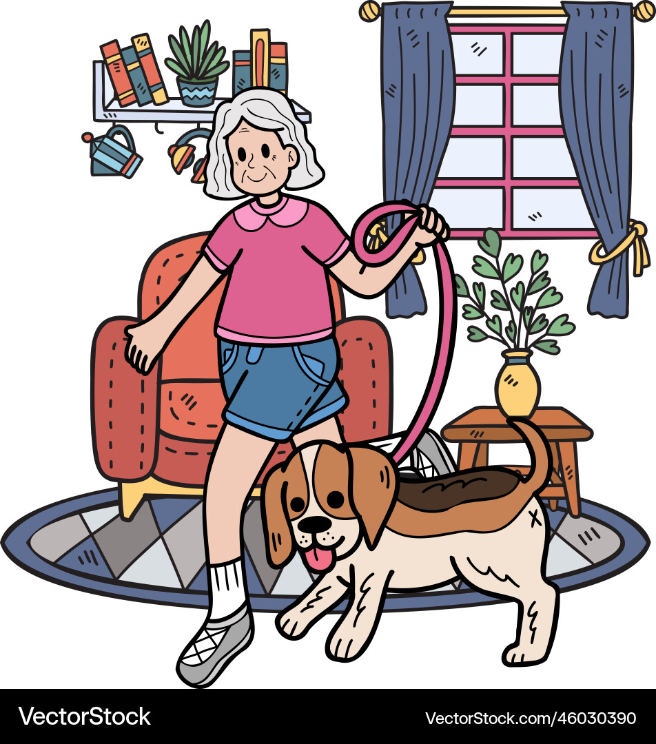Hand drawn elderly with dog leash in doodle style Vector Image