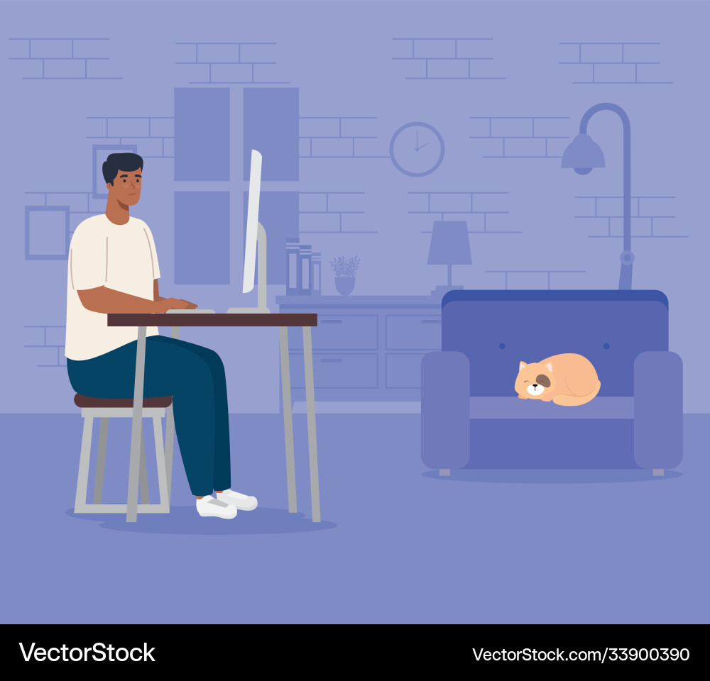 Telework man afro working from home Royalty Free Vector