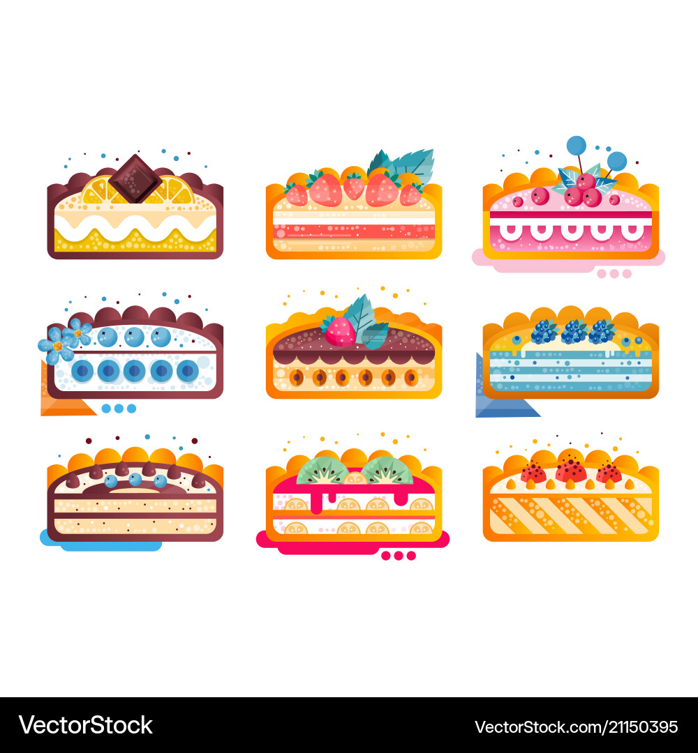 Piece layered delicious cake set cakes Royalty Free Vector