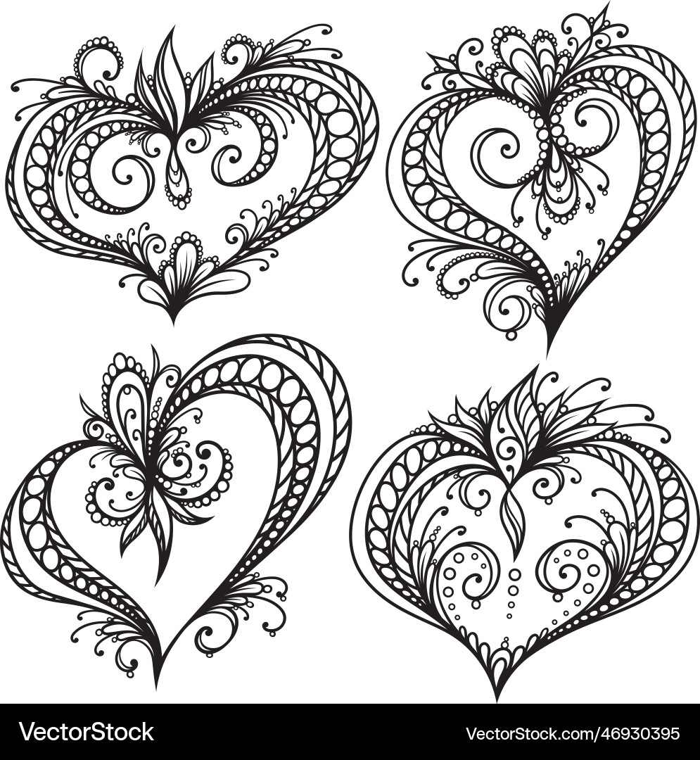 Stylized vined ornamental set heart shaped Vector Image