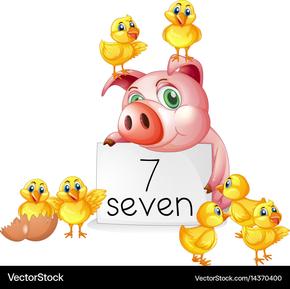 Number seven with pig and chicks Royalty Free Vector Image