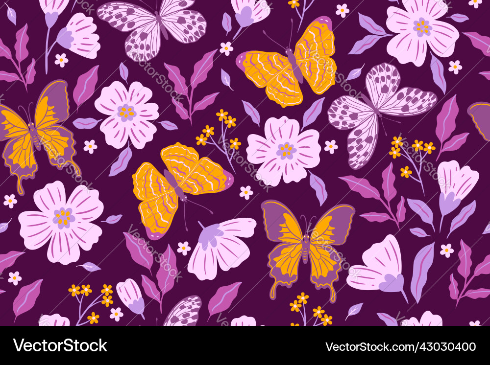 Seamless pattern with flowers and butterflies in Vector Image