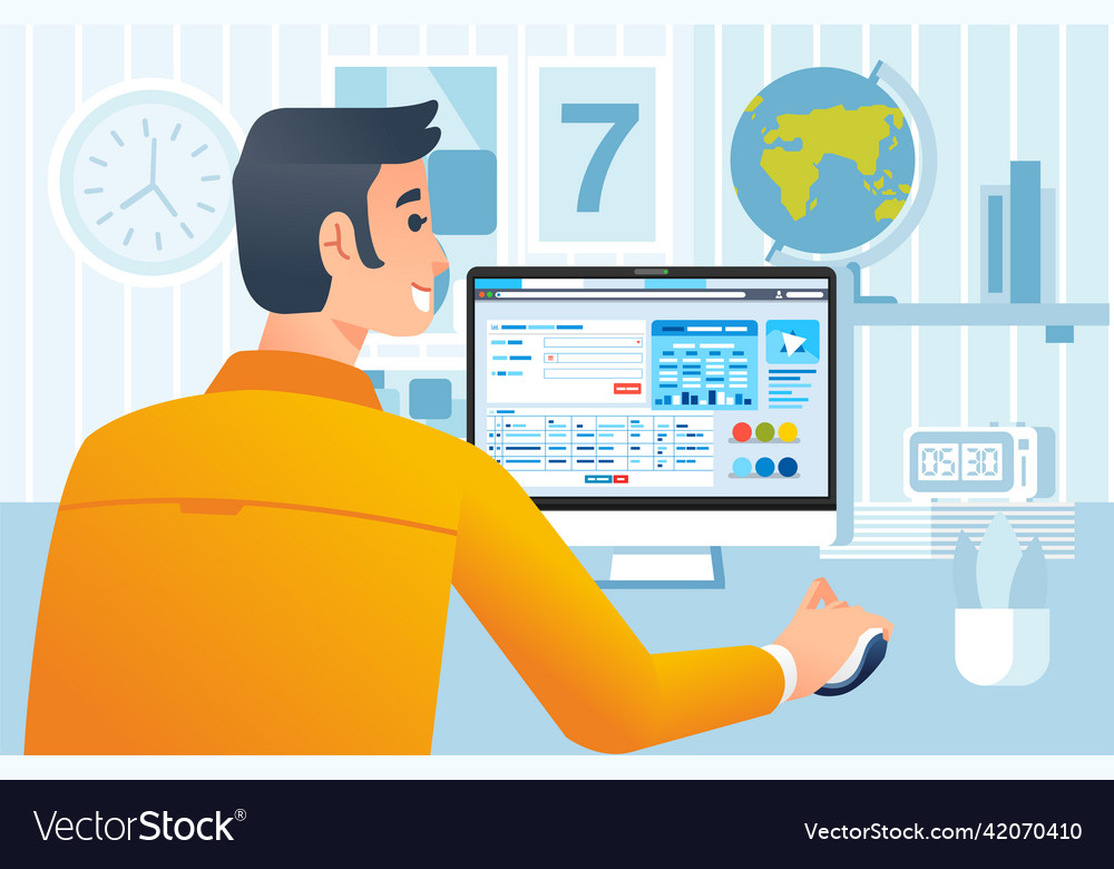 Man from behind using a computer for working Vector Image