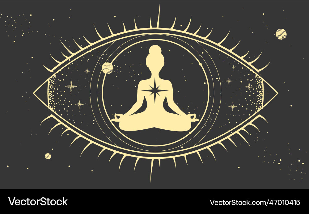 Meditating woman silhouette inside the third eye Vector Image