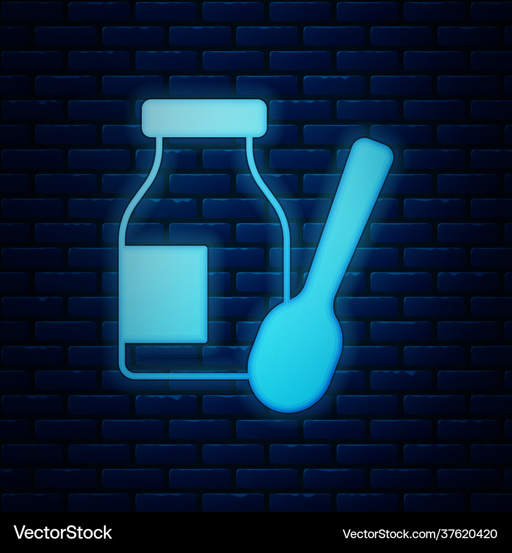 Glowing neon drinking yogurt in bottle with spoon Vector Image