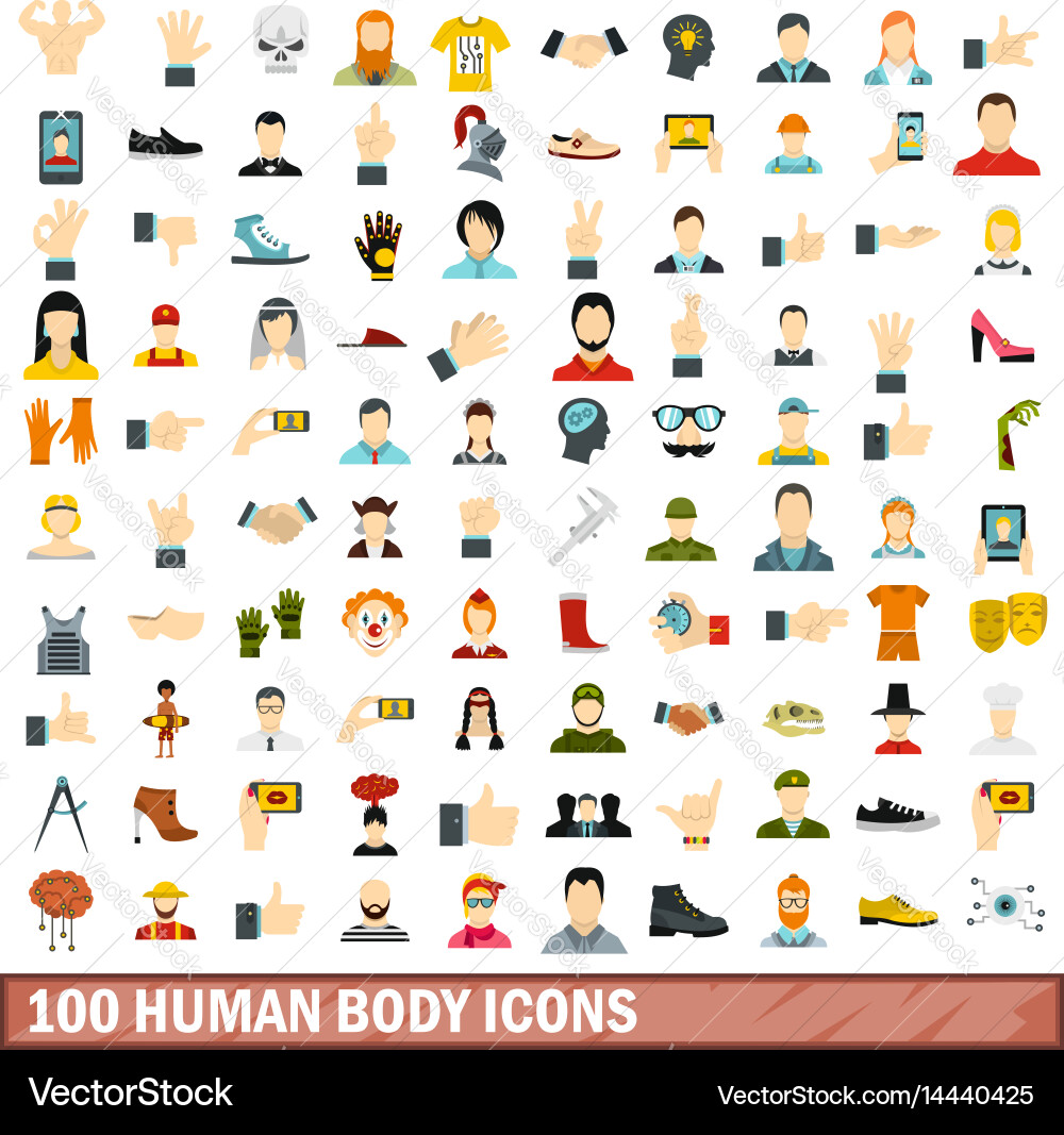 100 human body icons set flat style Royalty Free Vector