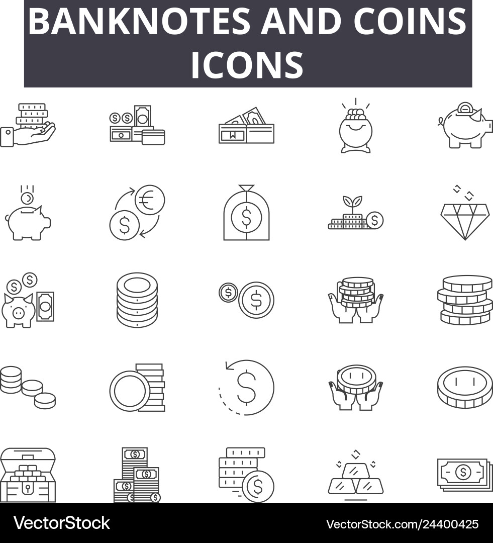 Banknotes and coins line icons for web mobile Vector Image