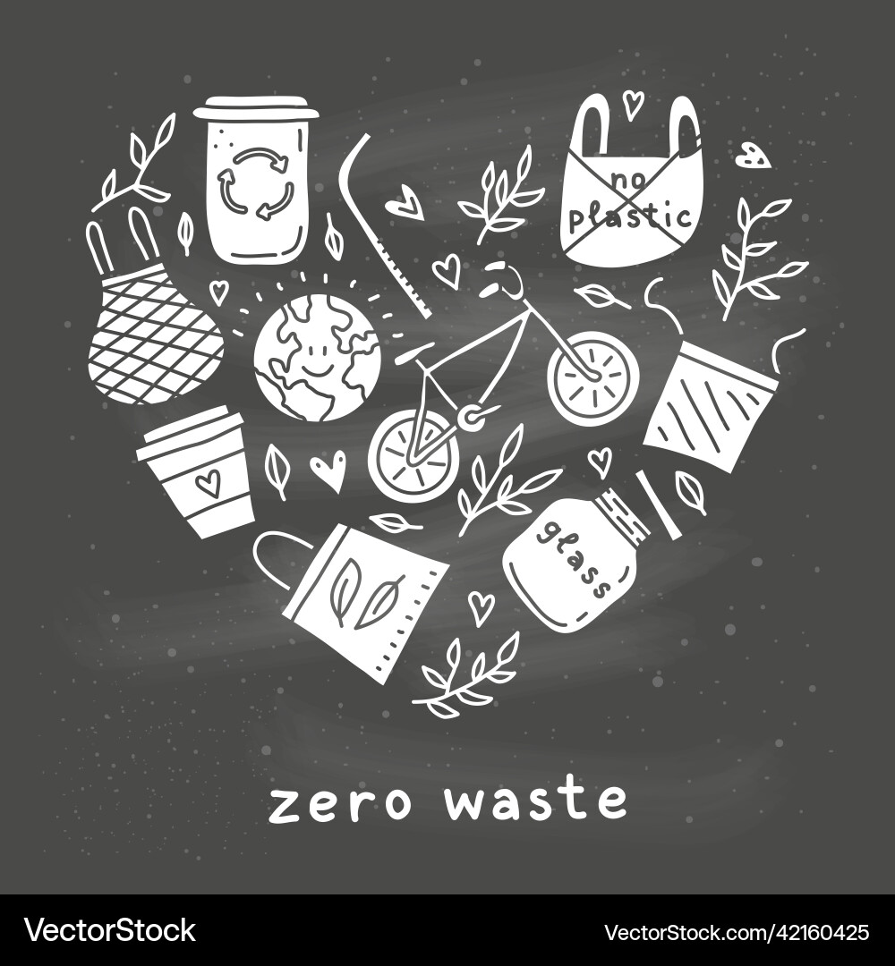 Doodle zero waste icons in heart Royalty Free Vector Image