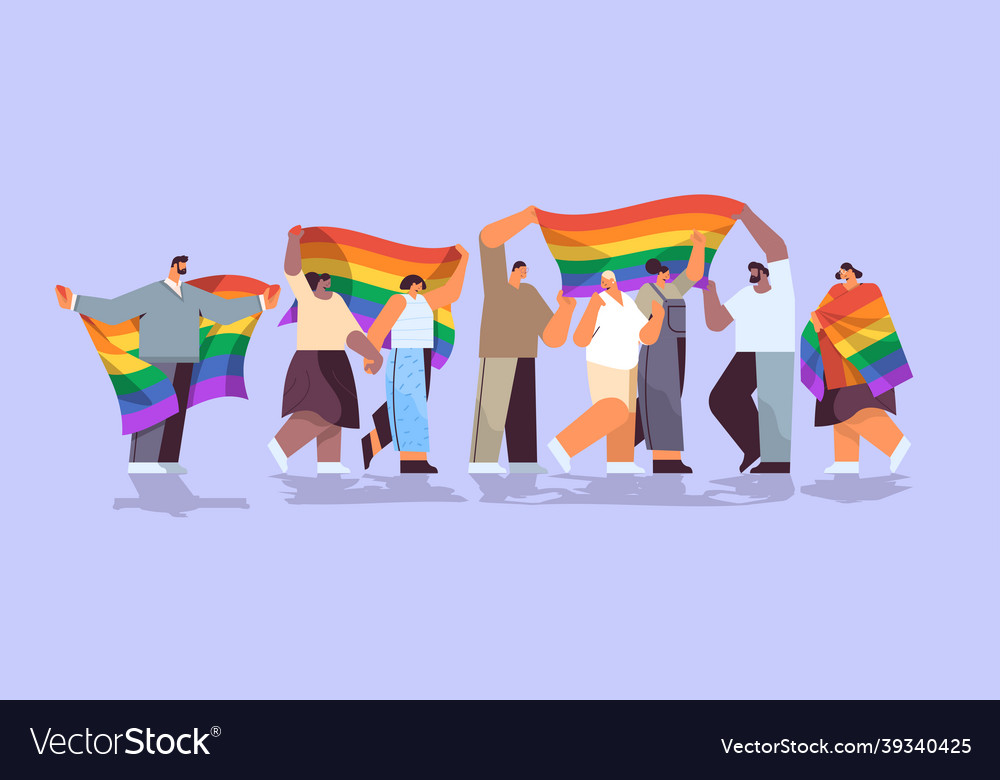 Mix race people group holding lgbt rainbow flag Vector Image