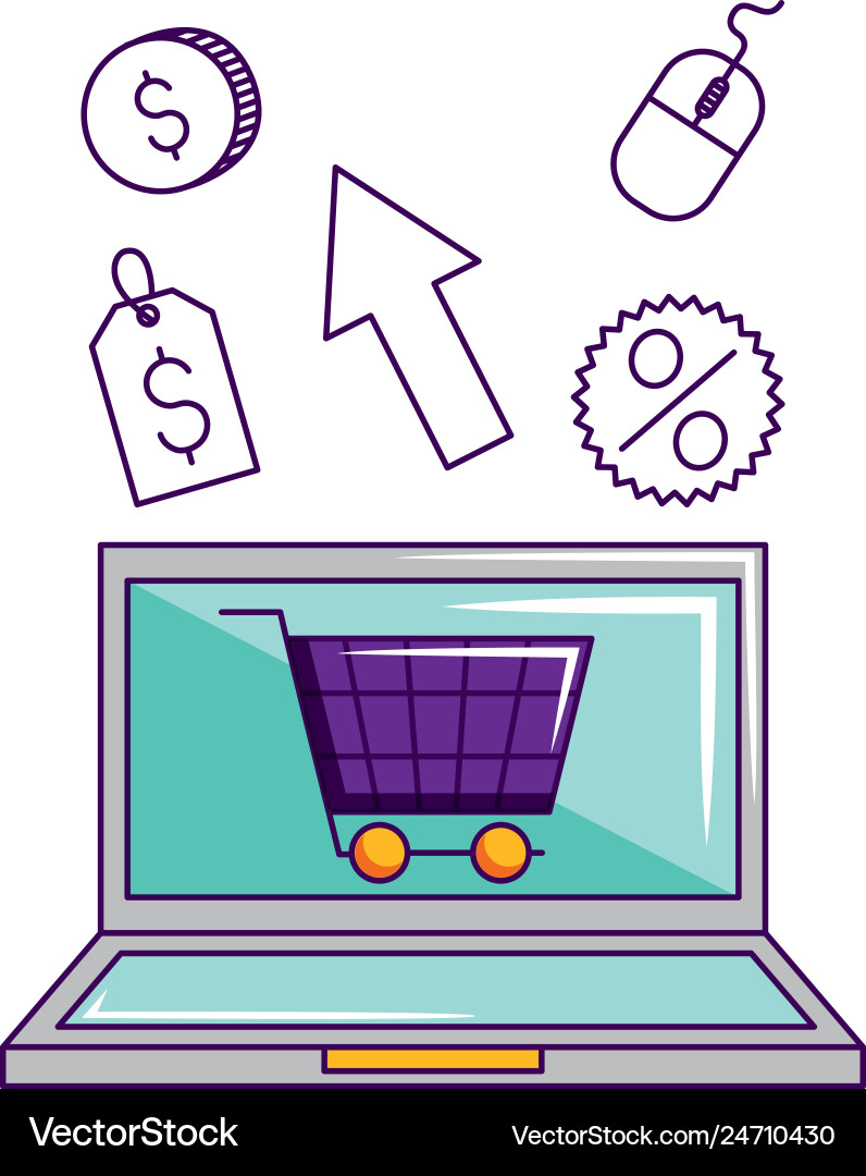 Laptop computer shopping cart online commerce Vector Image
