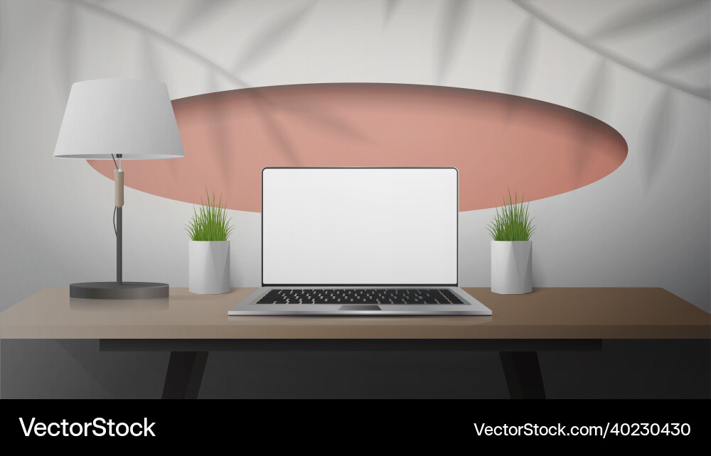 White room with work desk laptop lamp Royalty Free Vector