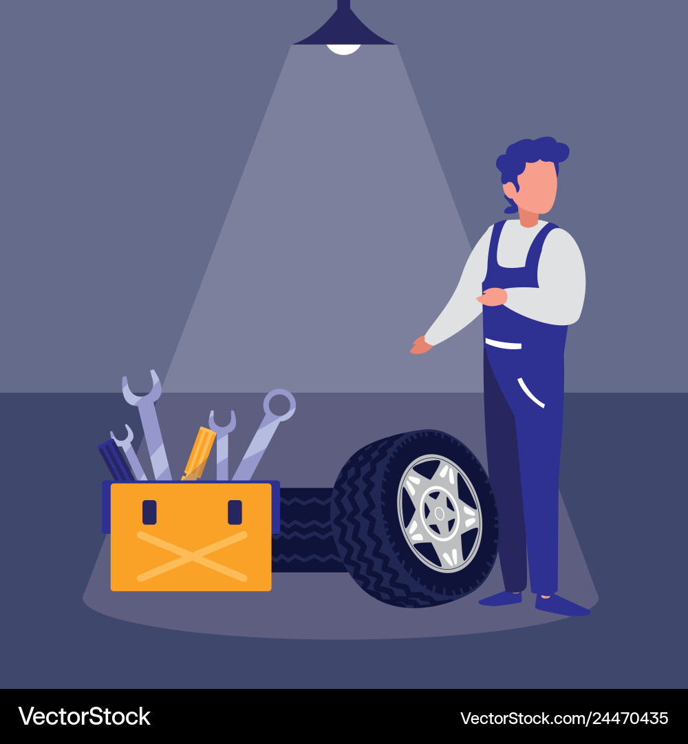 Mechanic worker with tire car and toolbox Vector Image