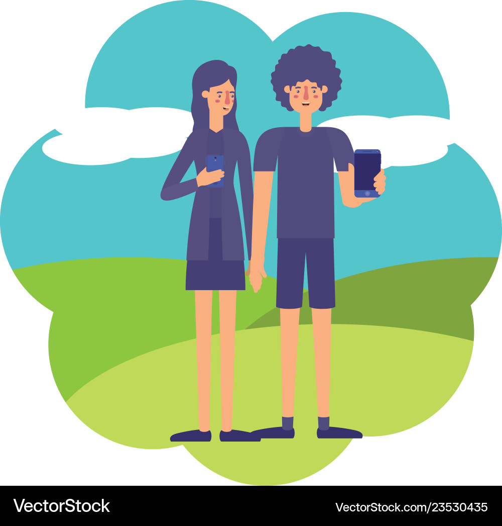 Young couple using smartphone in landscape Vector Image