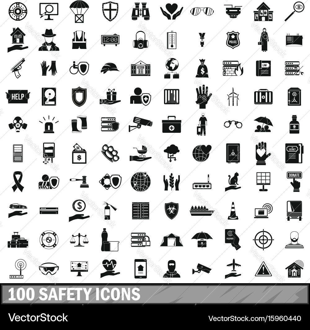 100 safety icons set simple style Royalty Free Vector Image