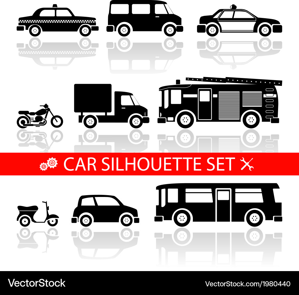 Car silhouette icons set with reflection Vector Image