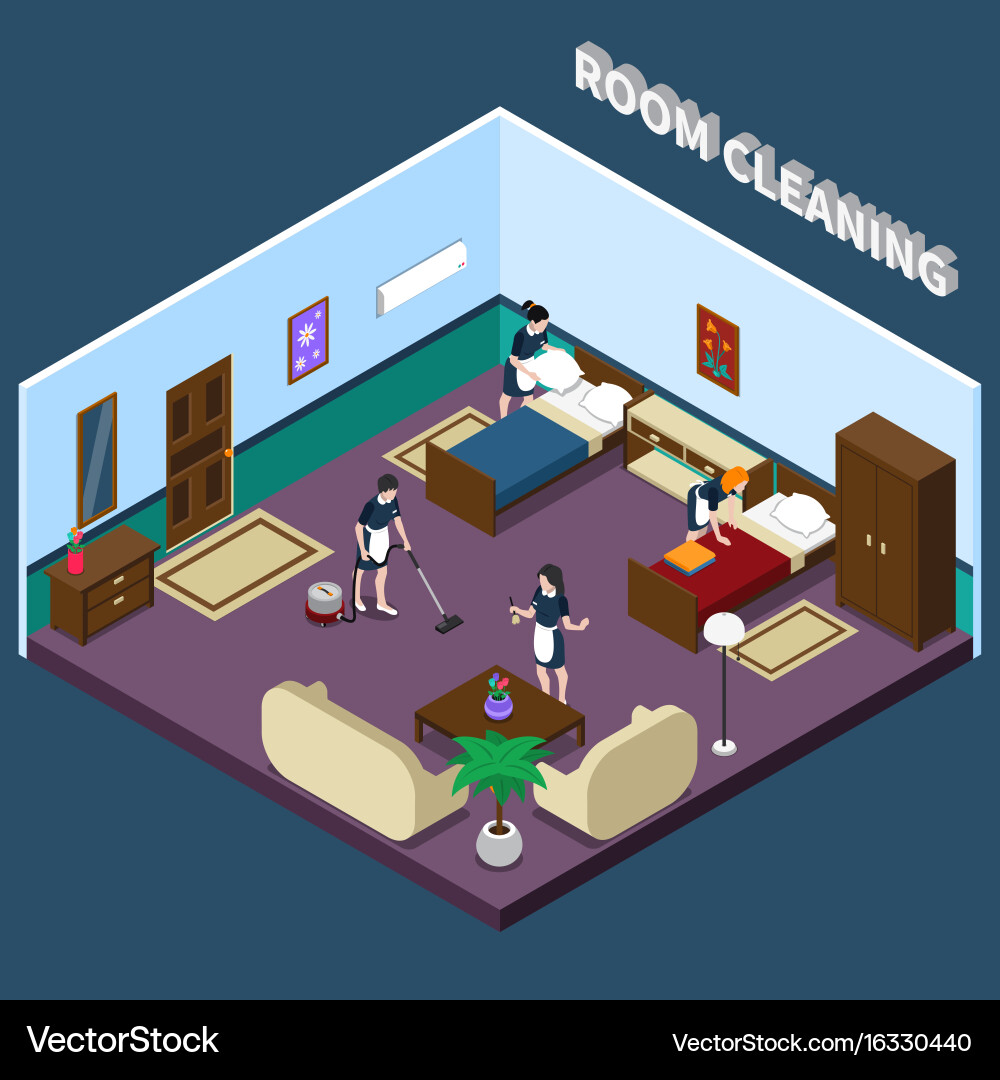 Cleaning hotel room isometric design Royalty Free Vector
