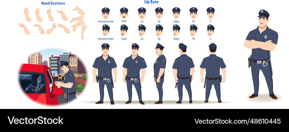 A policeman cop model sheet police creation set Vector Image