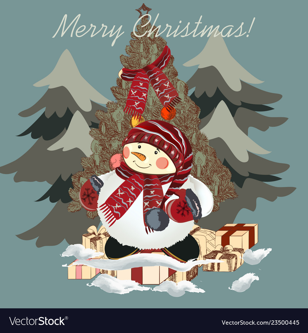 Christmas hand drawn card with snowmen for design Vector Image