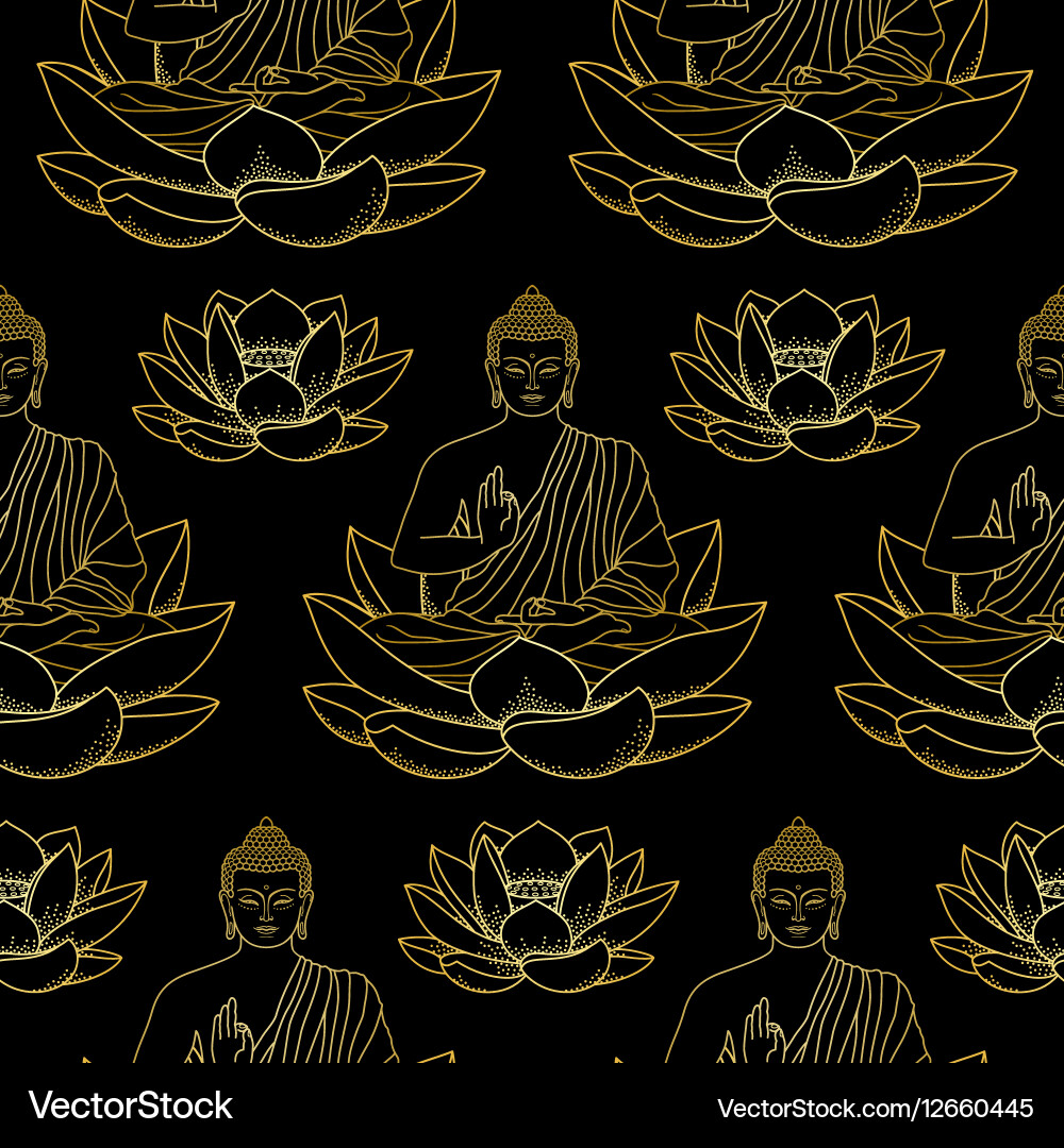 Gold buddha sitting on lotus seamless pattern Vector Image