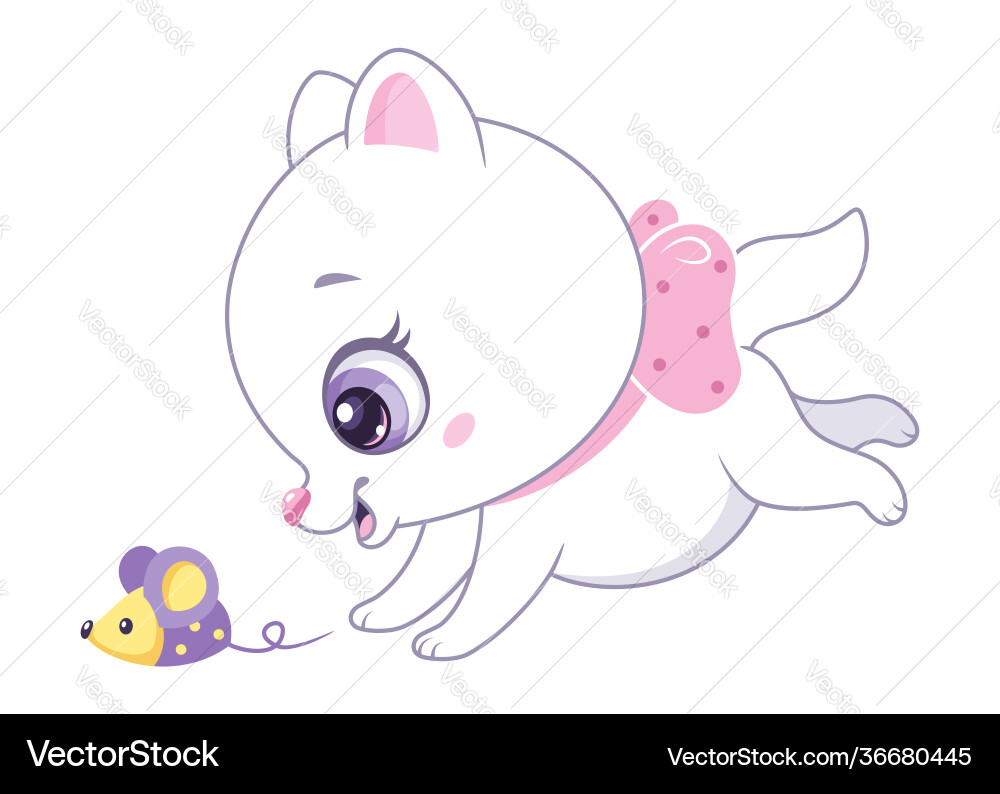 Little white cat playing with toy mouse Royalty Free Vector