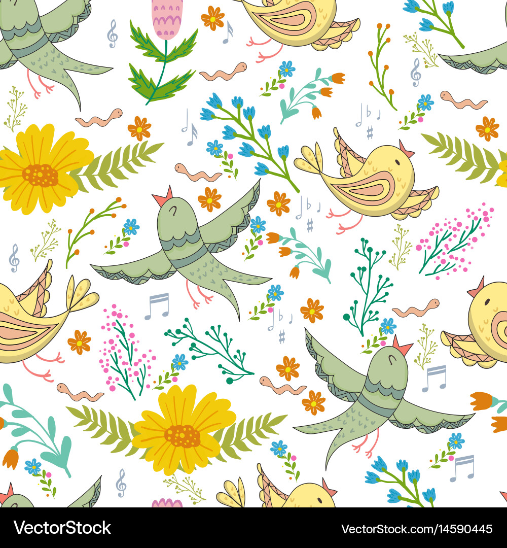 Seamless pattern of birds and flowers Royalty Free Vector