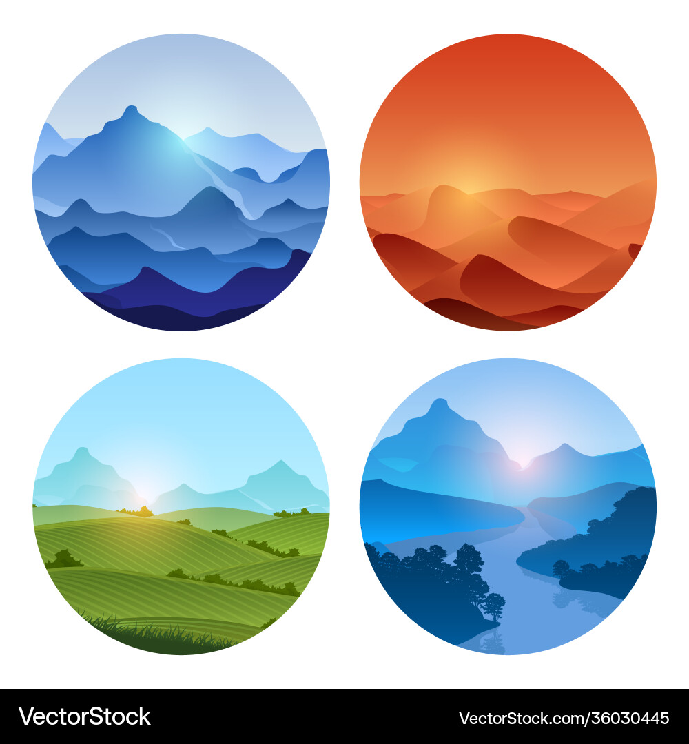 Set natural landscapes in round frames isolated Vector Image