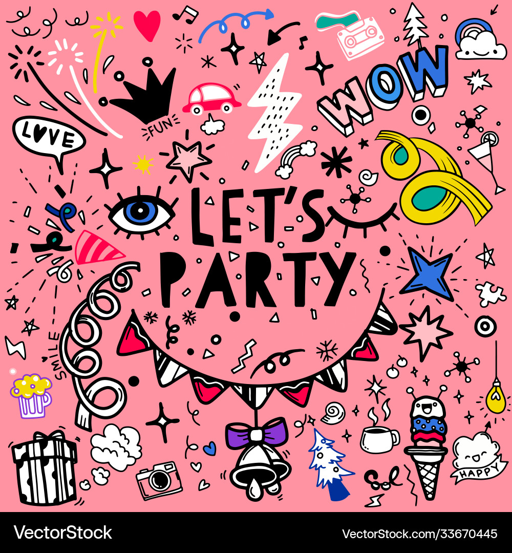 Set party hand drawn doodle sketch line Royalty Free Vector