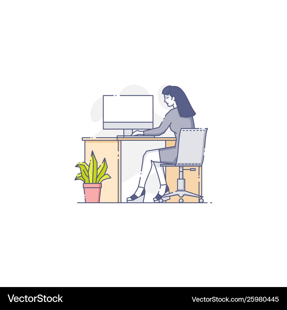 Young woman sits and works on computer Royalty Free Vector