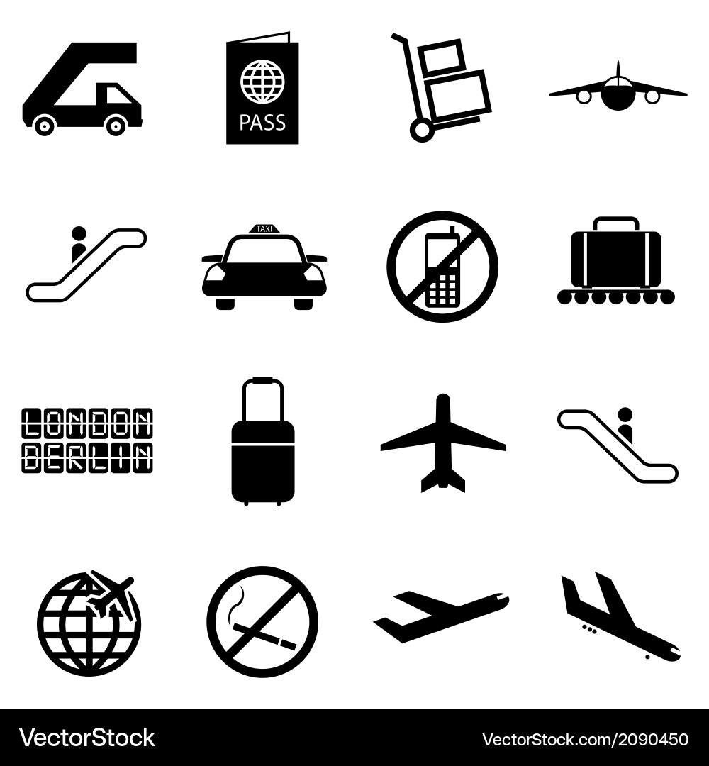 Black airport icons set Royalty Free Vector Image