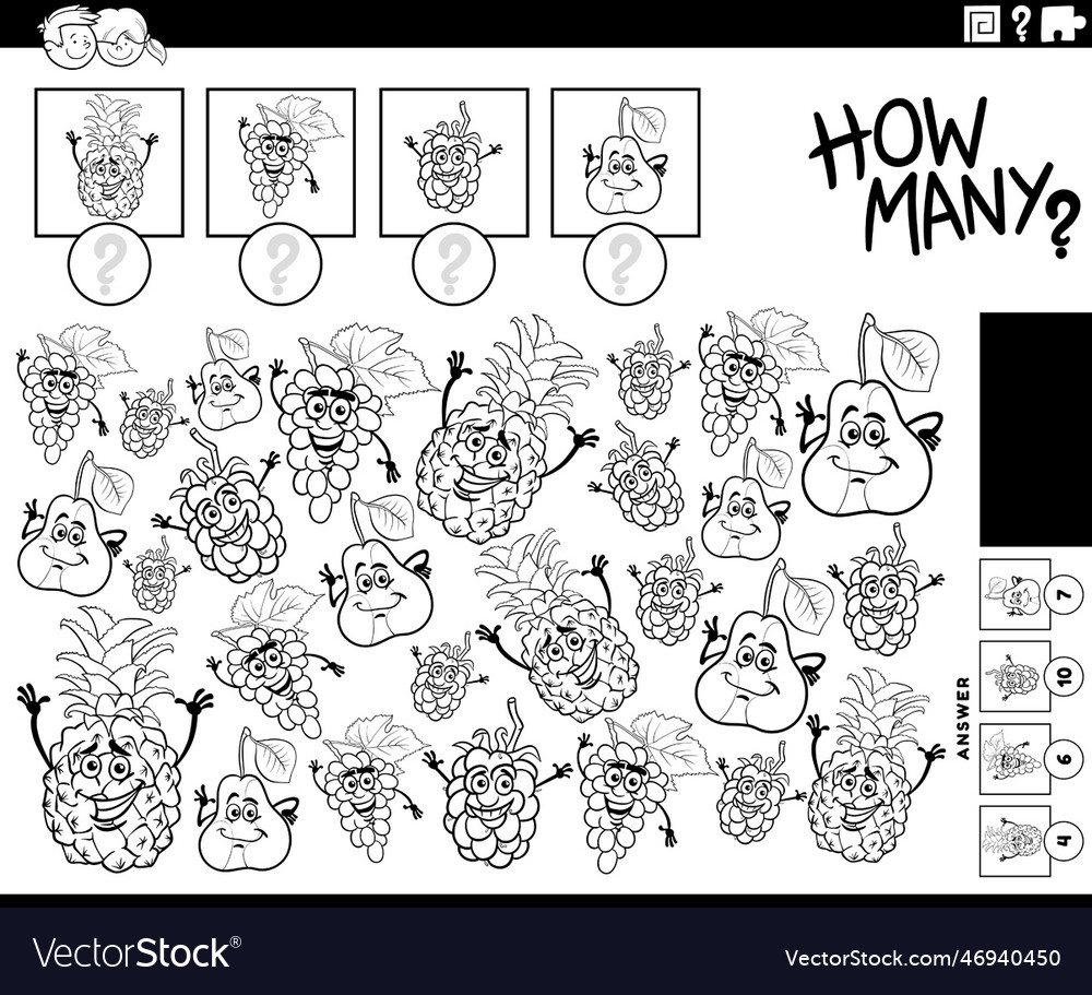 How many cartoon fruit counting task coloring page