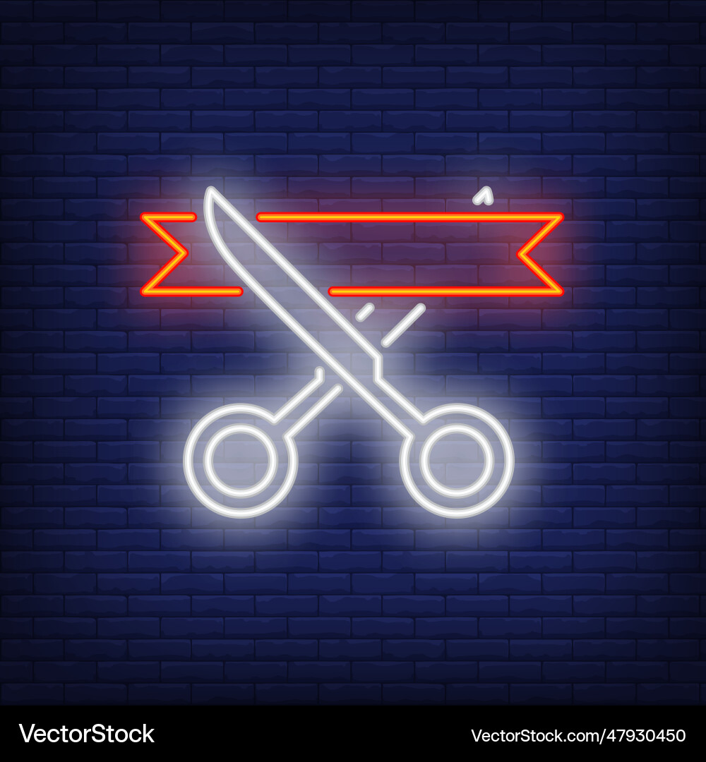 Scissors cutting tape neon sign Royalty Free Vector Image
