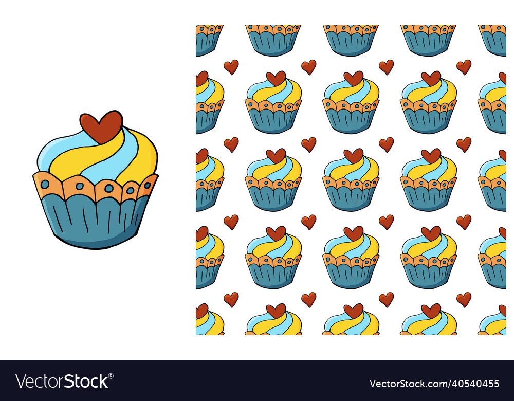 Cupcake muffin set of element and seamless pattern