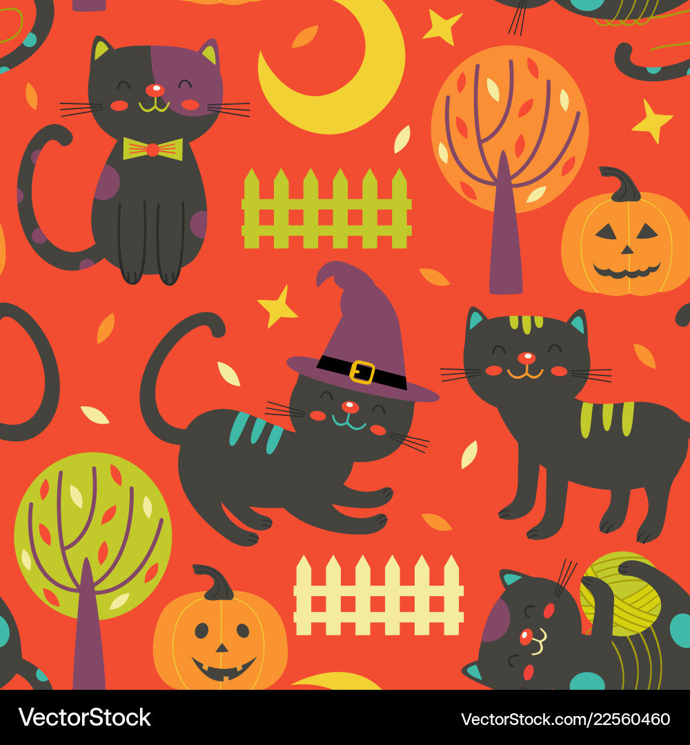 Colorful autumn seamless pattern with black cats Vector Image