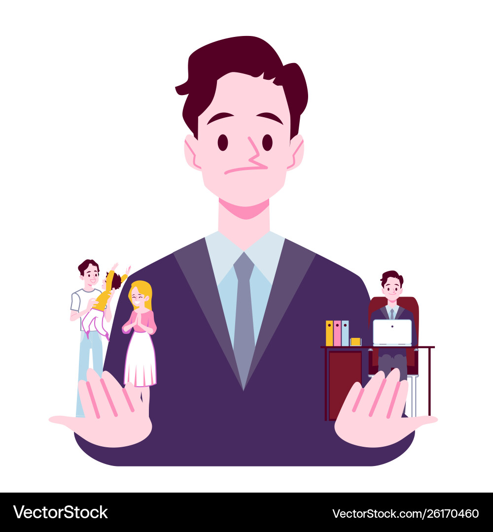 Man choosing between family responsibilities and Vector Image