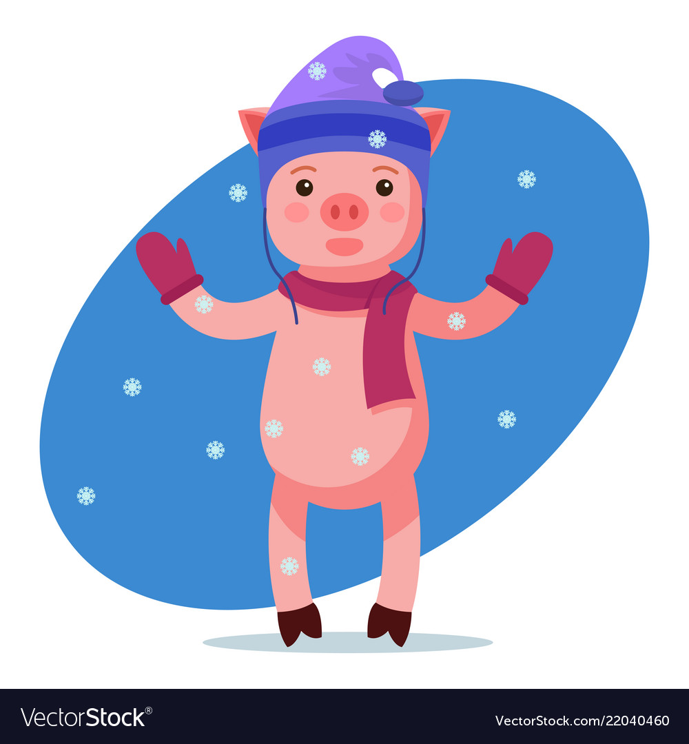 Pink piggy looking at the falling snow Royalty Free Vector