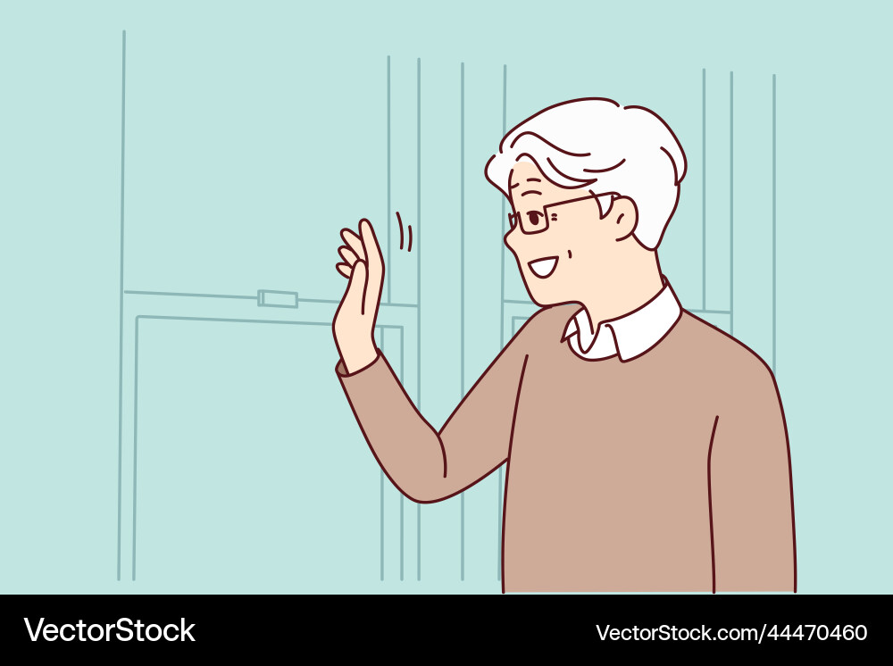Smiling elderly man look in window greeting Vector Image