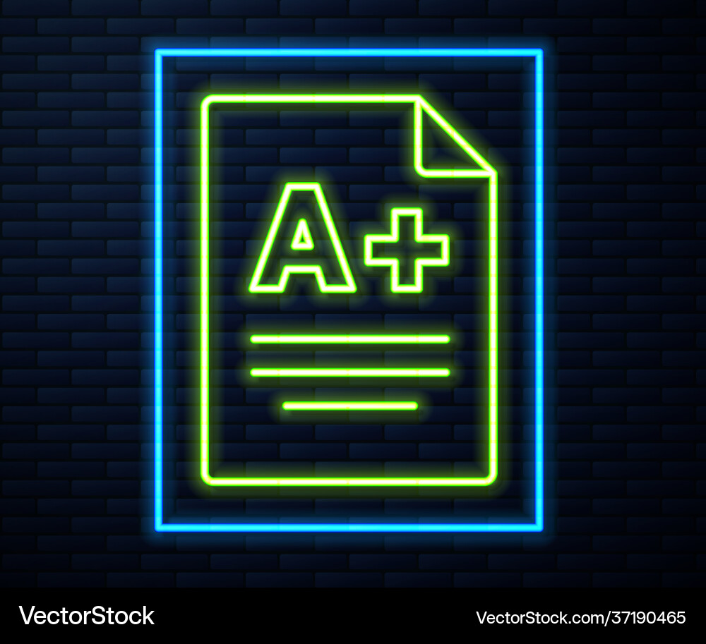 Glowing neon line exam sheet with a plus grade Vector Image