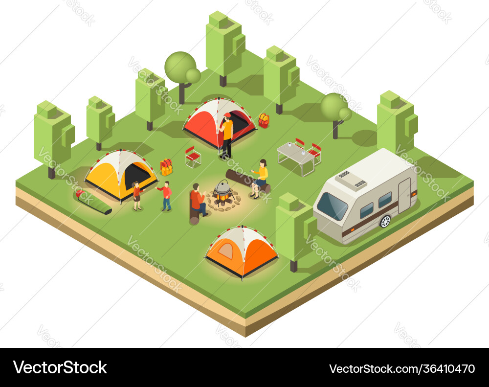Isometric traveling camping concept Royalty Free Vector