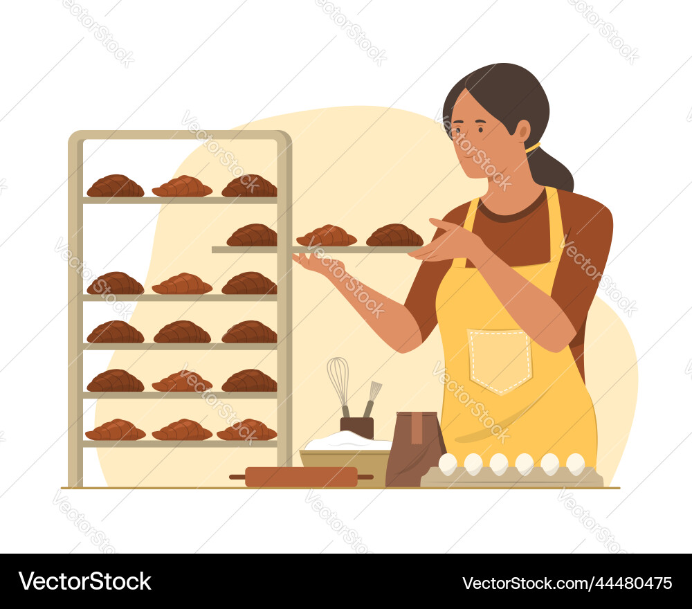 Baker woman baking croissants Royalty Free Vector Image