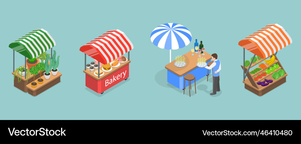 3d isometric flat set of fair kiosks Royalty Free Vector