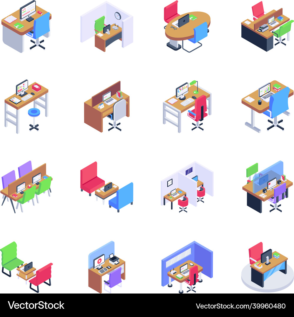 Pack of place work isometric icons Royalty Free Vector Image