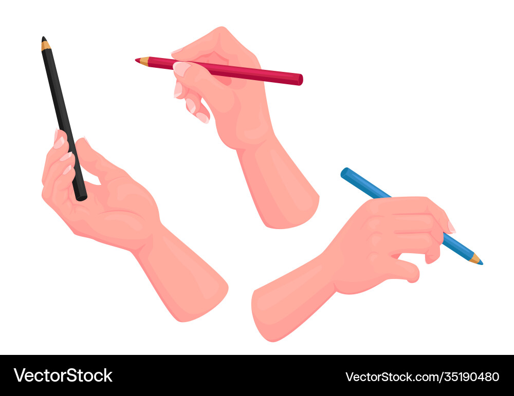 Set human hands with colorful pencils isolated Vector Image