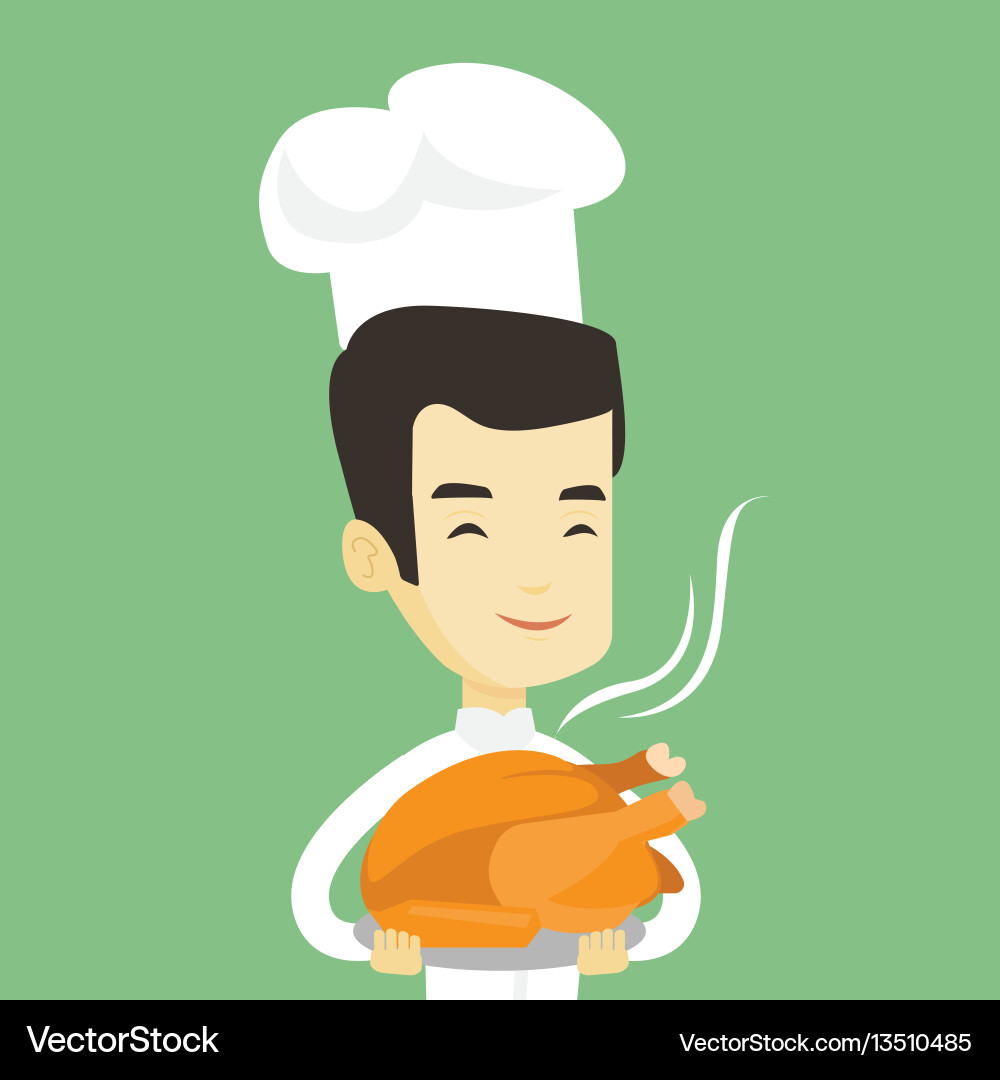Chief cook holding roasted chicken Royalty Free Vector Image