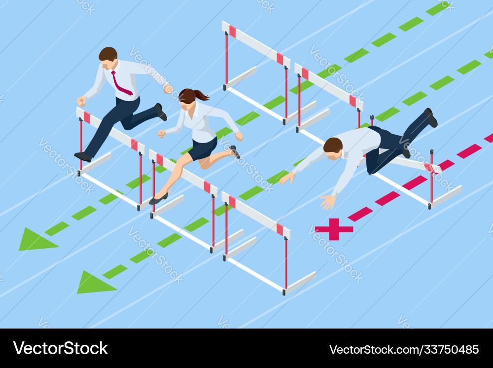 Isometric business people jumping over obstacle Vector Image