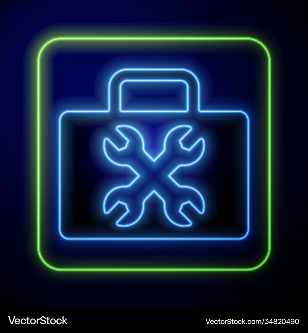 Glowing neon toolbox icon isolated on blue Vector Image